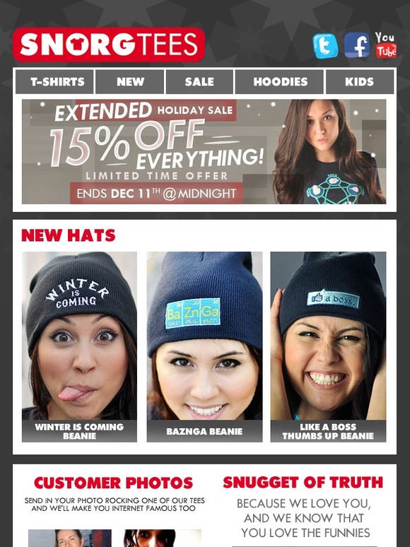 Snorg Tees: 15% off sale extended! Check out our new hats and socks ...