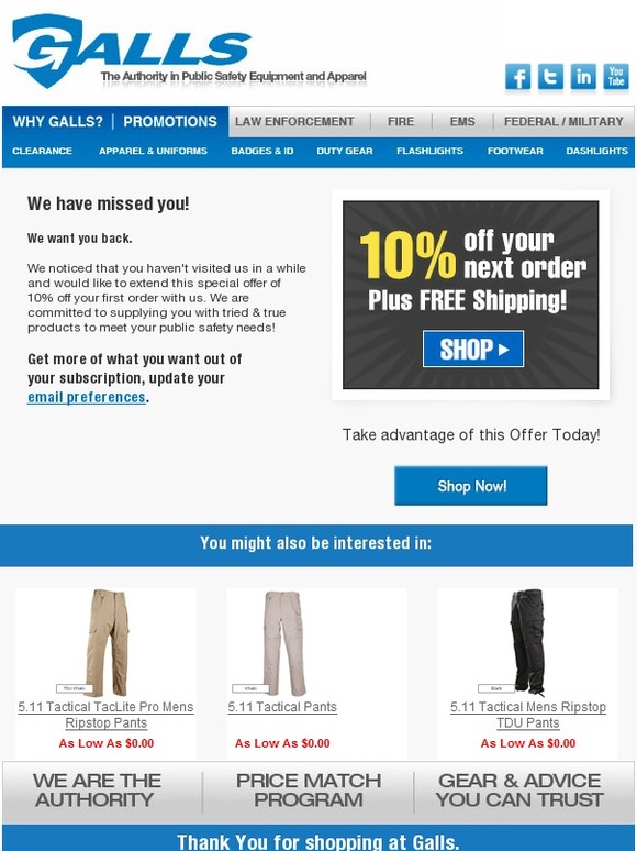 Galls: Exclusive offer, just for you, on your next purchase! Details ...