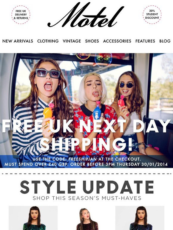 Motel Rocks: Say hello to Free UK Next Day Shipping | Milled