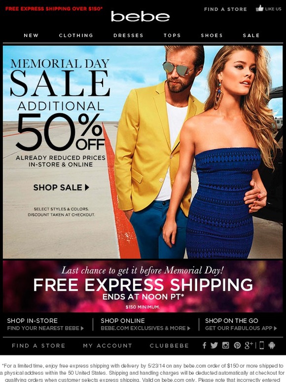 Bebe: EXTRA 50% OFF + Hours left for free express shipping! | Milled