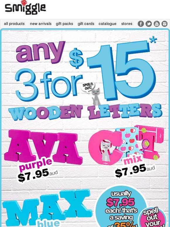 Smiggle: wooden letters: get 3 for $15! | Milled