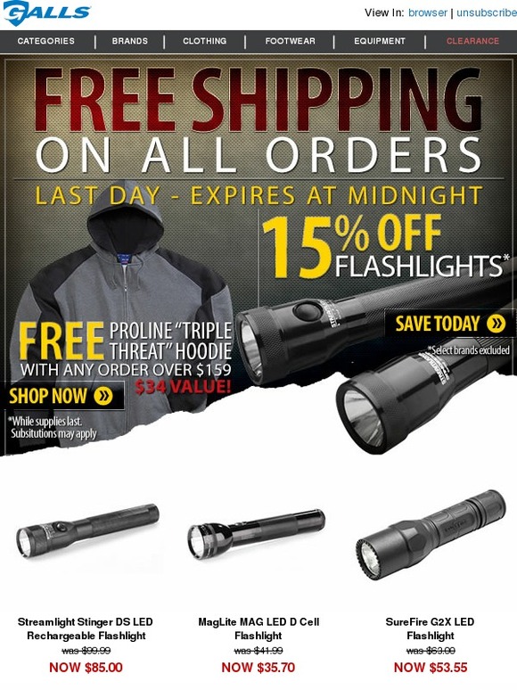 Galls: Last Day to et your Free Gear and Save on Flashlights | Milled