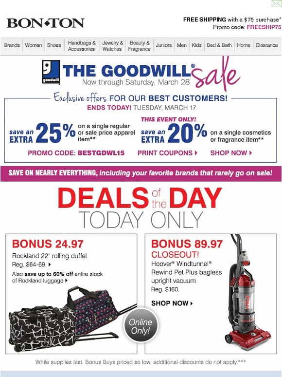 Bonton: Exclusive Goodwill Sale coupons end TODAY: 25% off apparel or ...