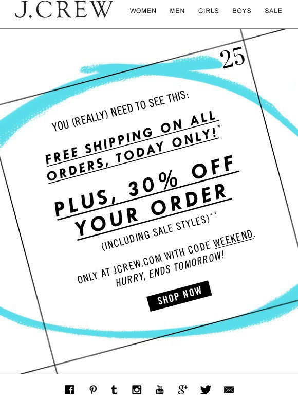 J.Crew: Free shipping on all orders (today only), plus 30% off (i.e ...