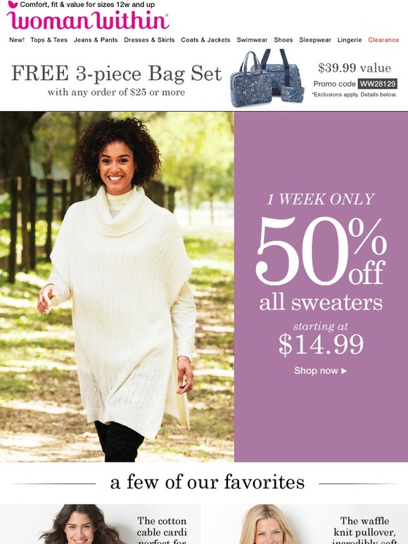 Woman Within: Free 3-Piece Bag Set + 50% off all Sweaters | Milled