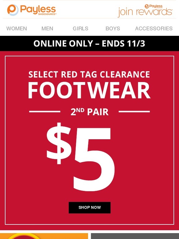 Payless: Red Tag Clearance - $5 with BOGO! | Milled