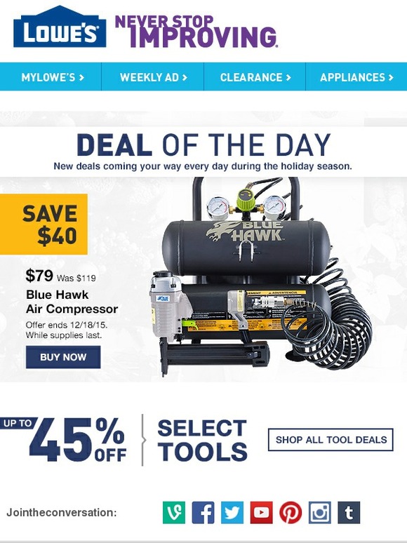 Lowe's: Deal of the Day: Electric Air Compressor Now $79 | Milled