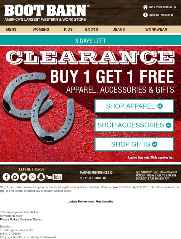 Boot Barn: 3 Days Left - Buy 1 Get 1 Free Clearance Sale | Milled