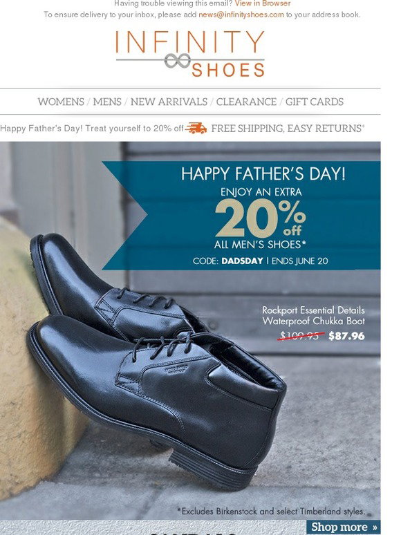 Infinity Shoes: Happy Father's Day! Treat yourself to 20% off | Milled