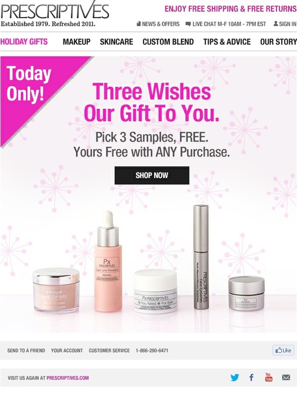 Prescriptives: Our Gift To You: Pick 3 Samples with ANY purchase! Today Only. | Milled