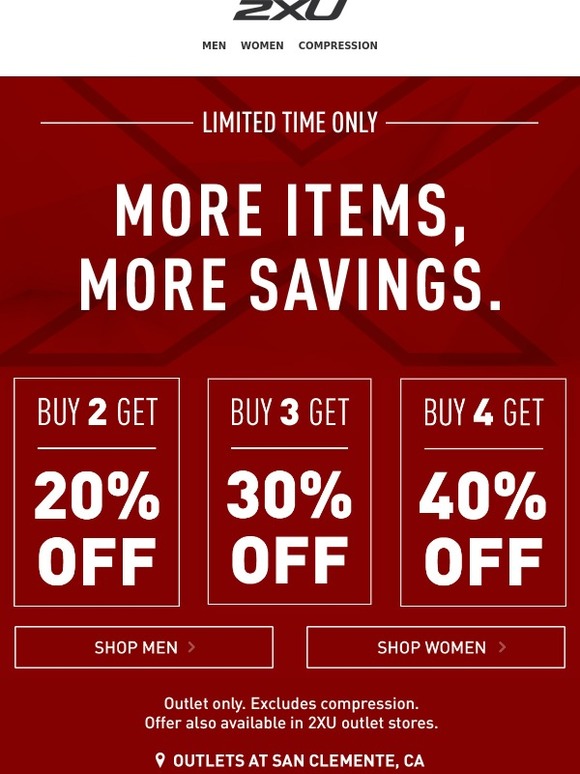 2XU: More Items, More Savings | Buy 4 Save 40% - Buy 3 Save 30% - Buy 2 ...