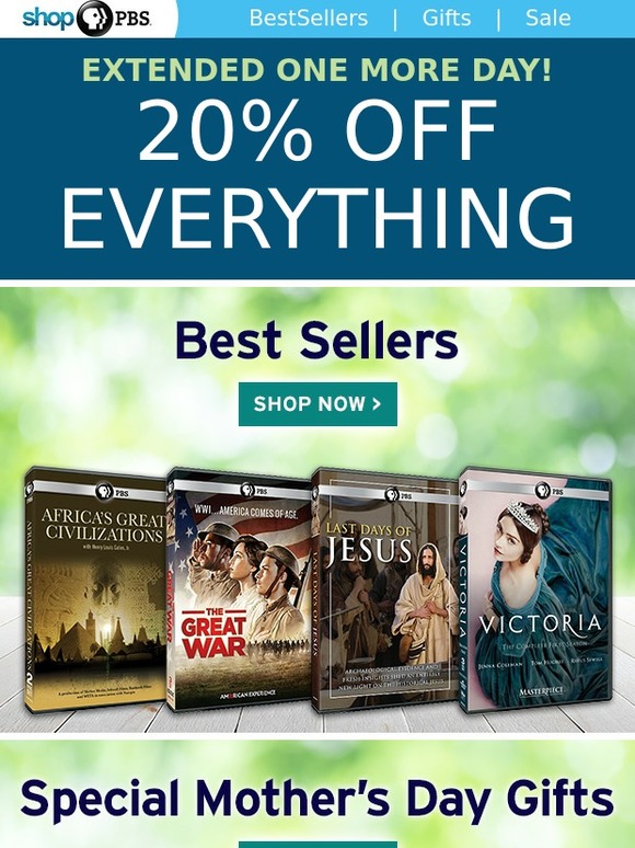 Shop.PBS.org: Sale Extended - One More Day - 20% Off Everything | Milled