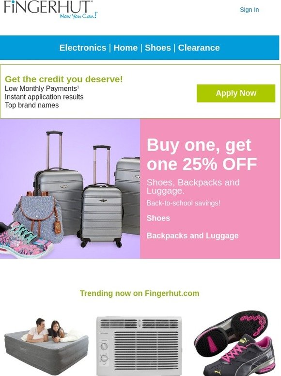 Fingerhut: Fingerhut: BOGO 25% OFF Shoes, Backpacks and Luggage! | Milled