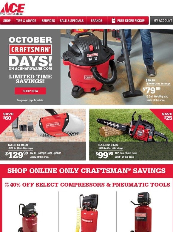 Ace Hardware: October Craftsman Days - Going On Now! | Milled