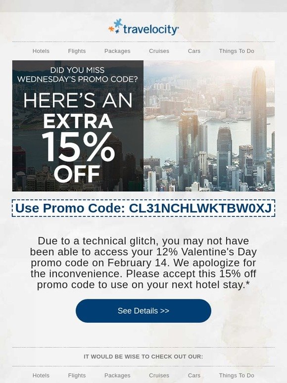 Travelocity: We're sorry: Please accept this 15% off promo code | Milled
