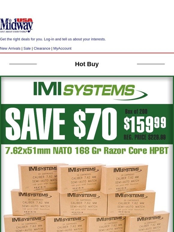 MidwayUSA: Save $70 on IMI 7.62x51mm 168 Gr Razor Core HP BT - Box of ...