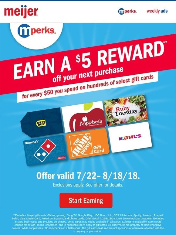Meijer: Earn $5 for every $50 you spend on select gift cards! | Milled