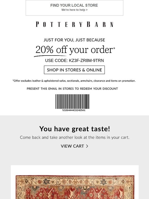 Pottery Barn: Here's a friendly nudge... Please review your cart! | Milled