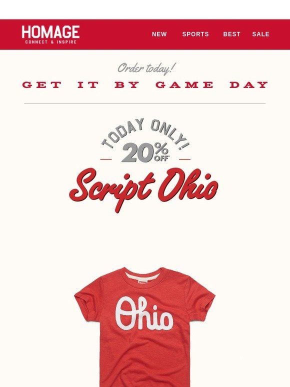 Homage: 20% off ALL Script Ohio + NEW SCRIPT STYLES in red & white ...