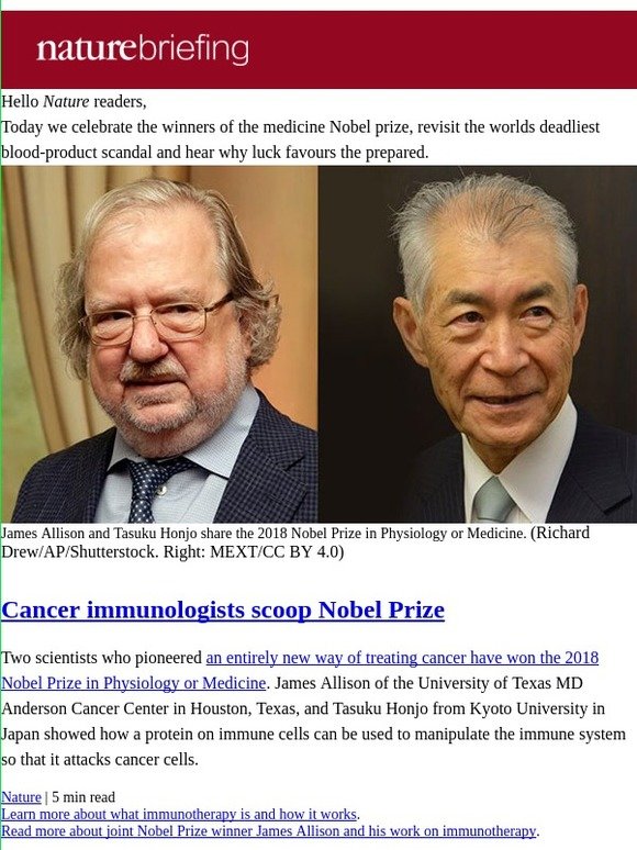 Nature Journal: Cancer immunologists scoop medicine Nobel Prize | Milled