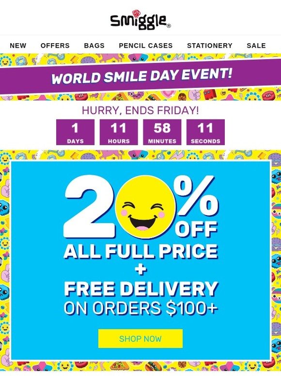 Smiggle: ☺️ 20% off now on! Smile & save for World Smile Day! | Milled