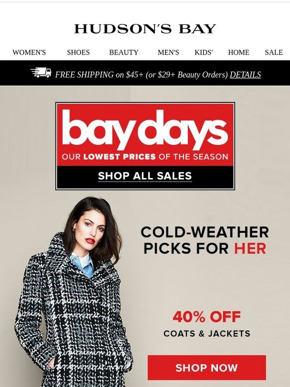 Hudson's Bay: BAY DAYS: Outerwear Savings Up To 40% OFF! | Milled