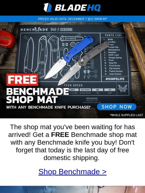 Blade HQ: FREE Benchmade Shop Mat W/Any Benchmade Knife Purchase | Milled
