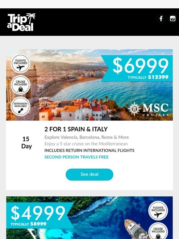 TripADeal: 🤩 Incredible Packages from $3599 👉 2 for 1 Spain & Italy ...