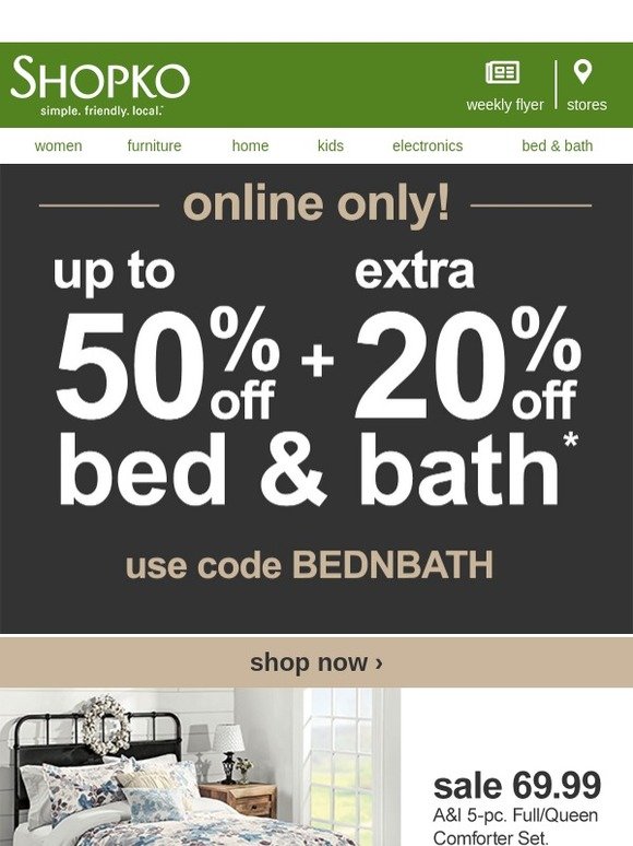 Shopko: Online only: extra 20% off bed & bath | Milled