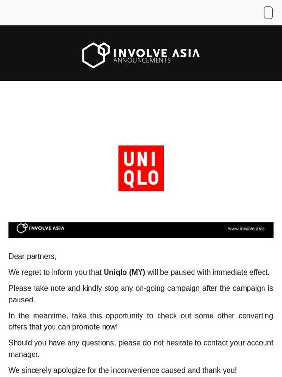 Involve: Uniqlo (MY) - Affiliate Program Paused | Milled
