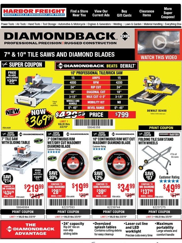 Harbor Freight: NEW PRODUCT ALERT: Diamondback Tile Saws • Professional ...