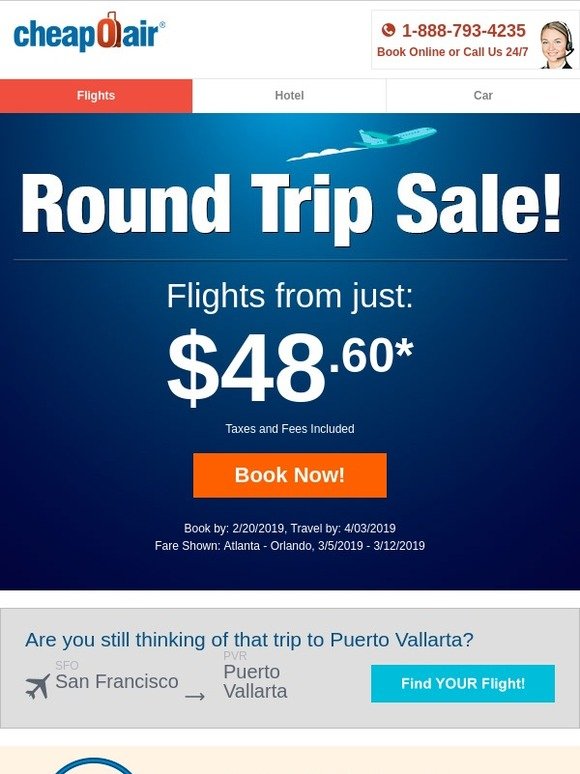 CheapOair: CONFIRMED! Fly Round Trip from $48.60! | Milled