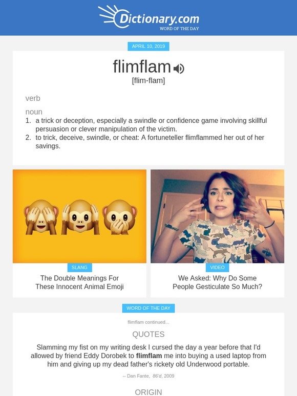 Dictionary.com: flimflam | Word of the Day | Milled