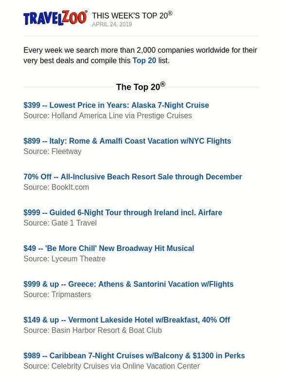 Travelzoo: This Week's Top 20 | Milled