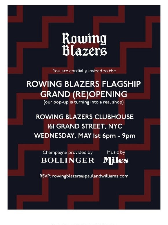 Rowing Blazers: Invitation for Wednesday: Grand (Re)Opening Party | Milled