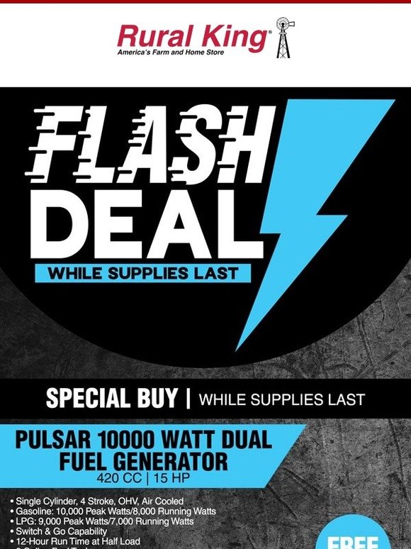 Rural King: ⚡ FLASH DEAL | Pulsar 10,000-Watt Dual Fuel Generator | Milled