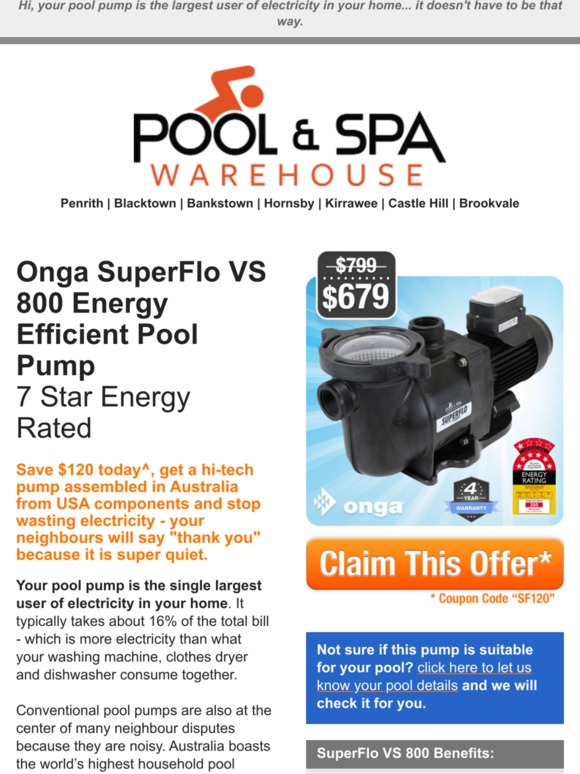 Pool and Spa Warehouse: $120 OFF Onga SuperFlo VS 800 Energy Efficient ...