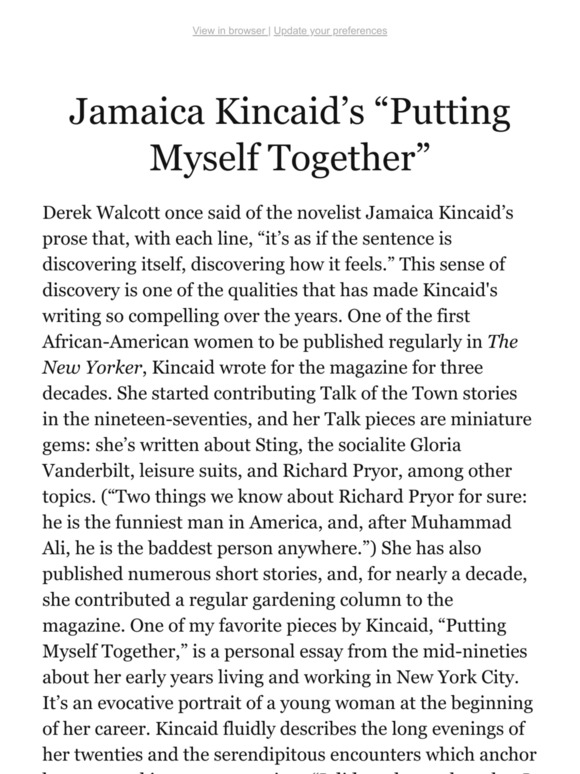 The New Yorker: Jamaica Kincaid’s “Putting Myself Together” | Milled
