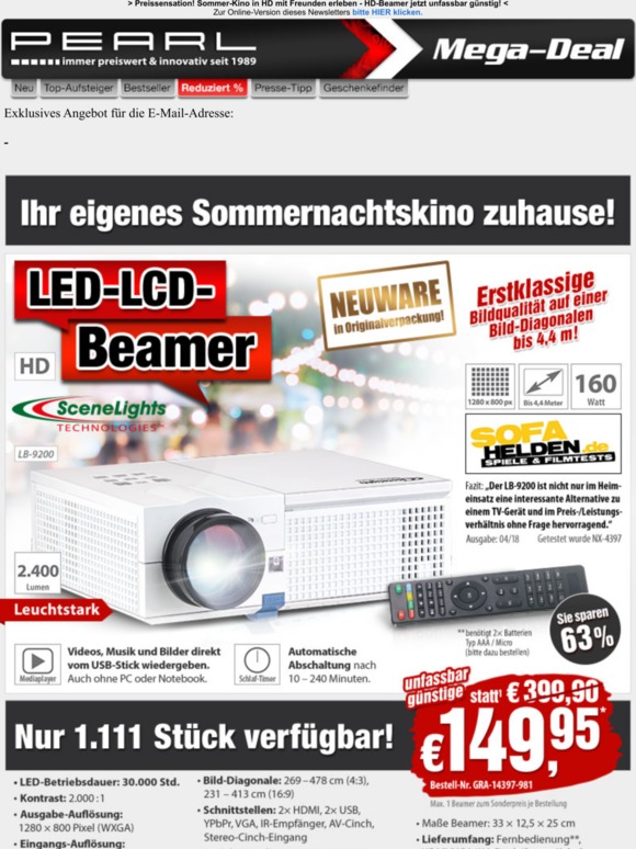 Pearl: -63%! HD LED-LCD-Beamer mit Media-Player nur 149,95 statt 399,90 ...