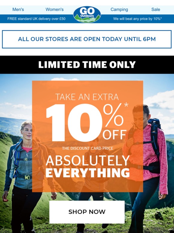 Go Outdoors: Bank holiday treats: Extra 10% *ALL* departments! | Milled