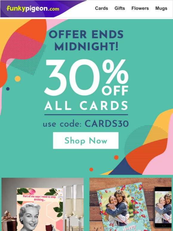 Funky Pigeon: 30% off cards ends midnight, XYZ | Milled