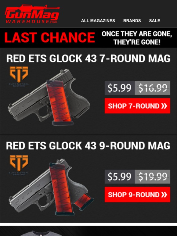 GunMag Warehouse: Red ETS Glock 43 9mm 7 & 9-Round Mags | $5.99 BLOWOUT ...