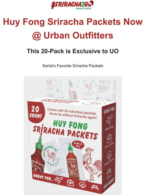Sriracha2Go: Now Available at URBAN OUTFITTERS! 20 Pack of Huy Fong ...