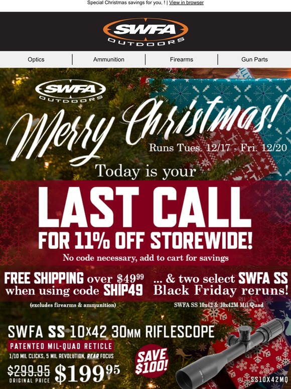 SWFA: Last Call: Christmas Deals end at midnight! ⏰ | Milled