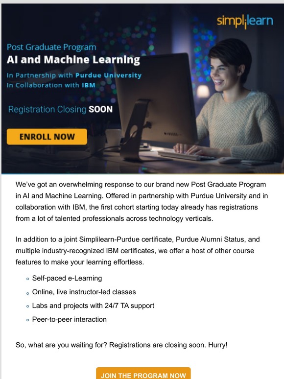 Simplilearn: Registrations closing soon | PGP in AI and Machine ...