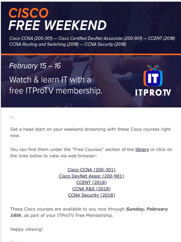 ITProTV: ITProTV's Cisco Free Weekend starts NOW! | Milled