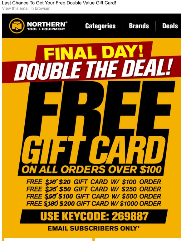 Northern Tool: Free Double Value Gift Card! Up To $200 Value >> Ends ...