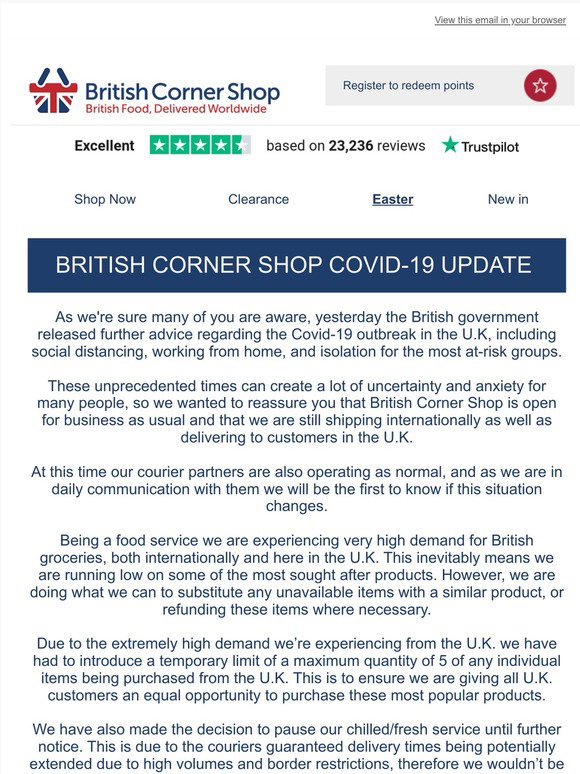 British Corner Shop: An important update regarding Covid-19 | Milled
