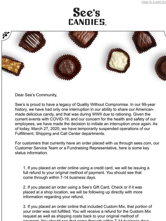 See's Candies: An Important Update On Our Shipping And Service | Milled