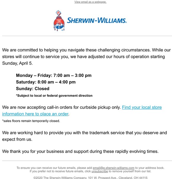 Sherwin-Williams: Updated hours of operation in your area | Milled